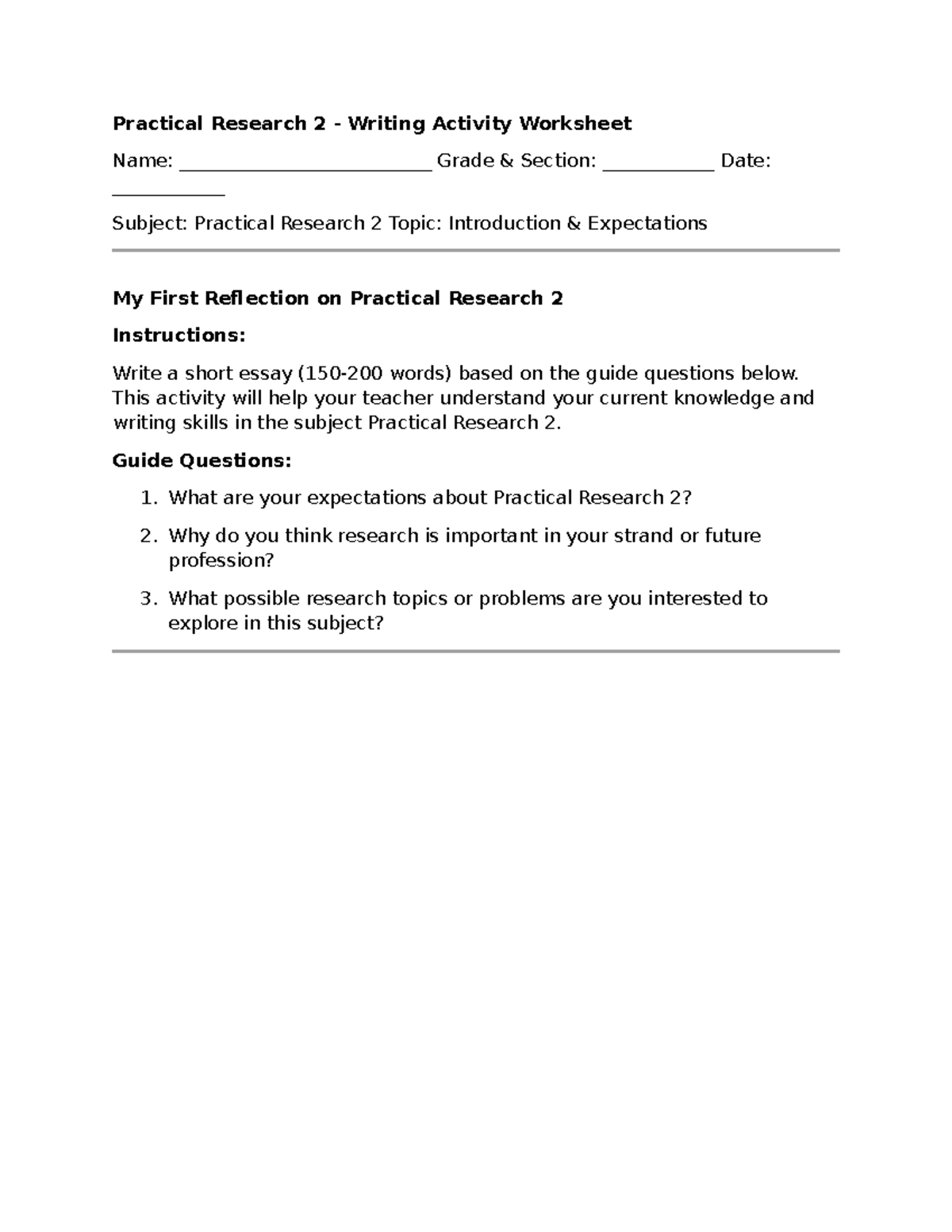Practical Research 2 expectations - Practical Research 2 - Writing ...
