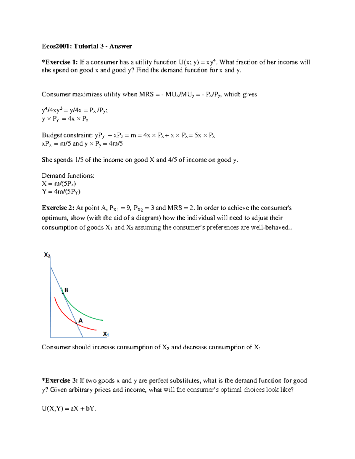 ECOS2001: Tutorial 3 - Consumer Utility and Demand Functions - Studocu