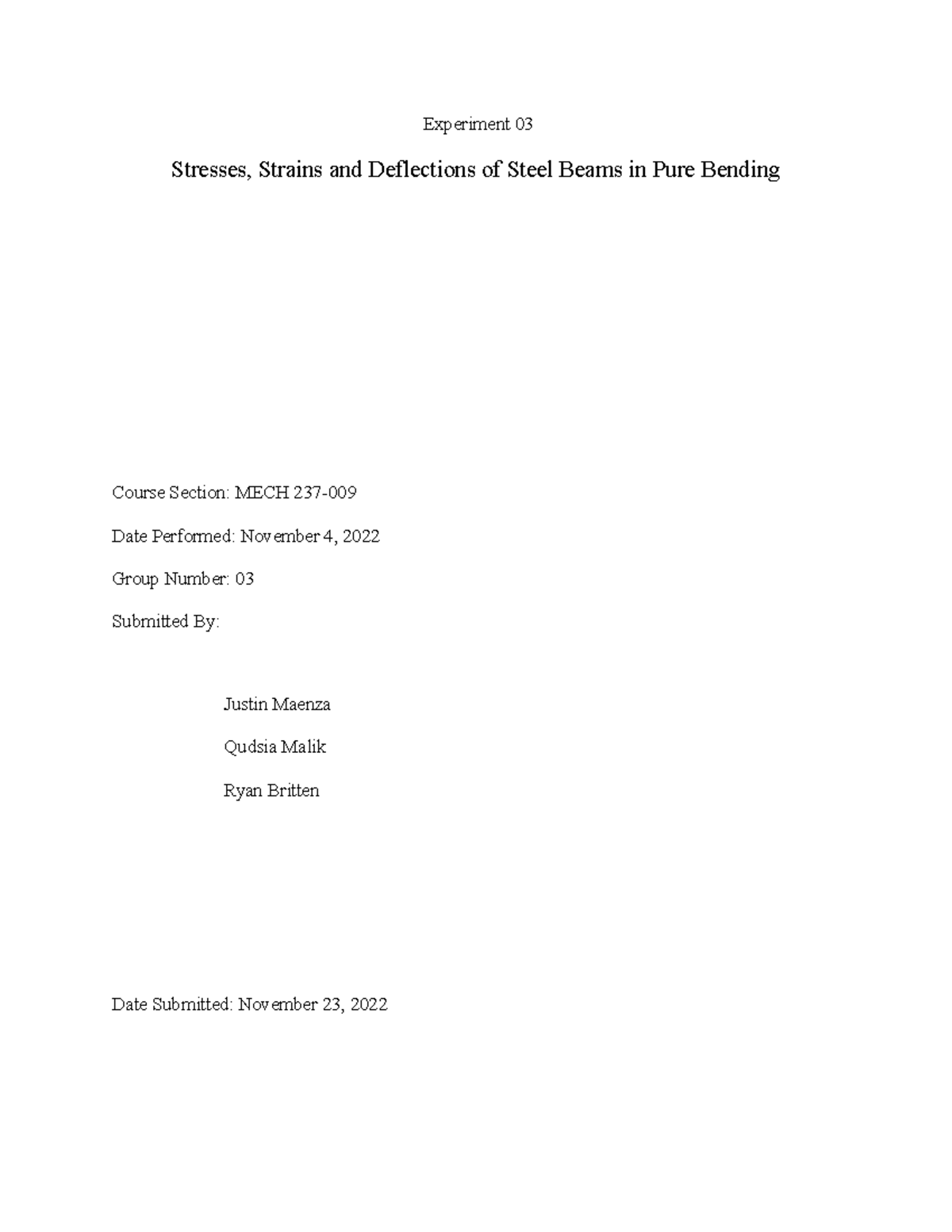 Strength of Materials Lab 3: Bending Behavior of Steel Beams in MECH ...