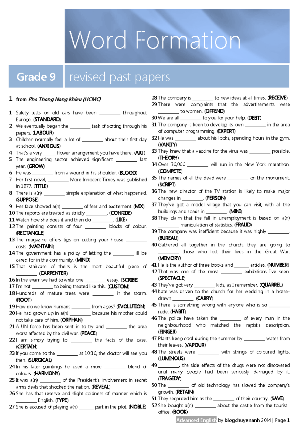 Word Formation Grade 9: Revised Past Papers & Exercises - Studocu