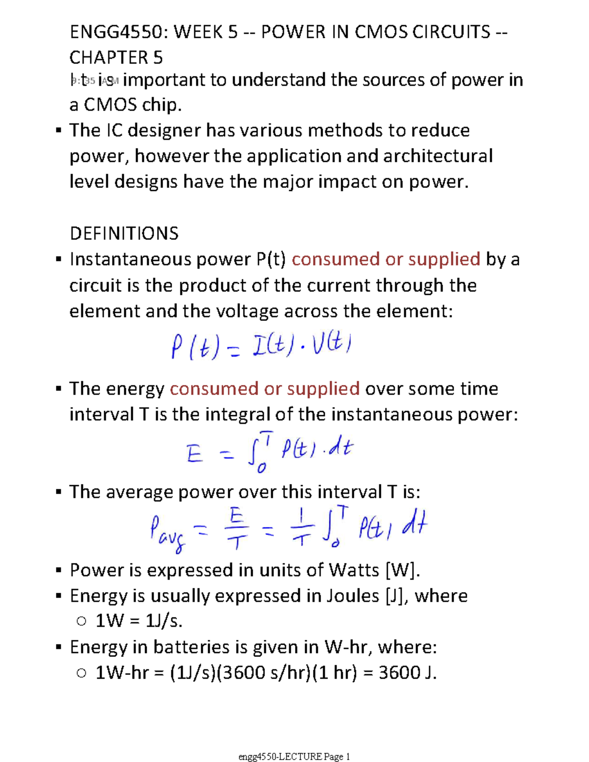 ENGG4550: Week 5 Lecture Notes on Power in CMOS Circuits - Studocu