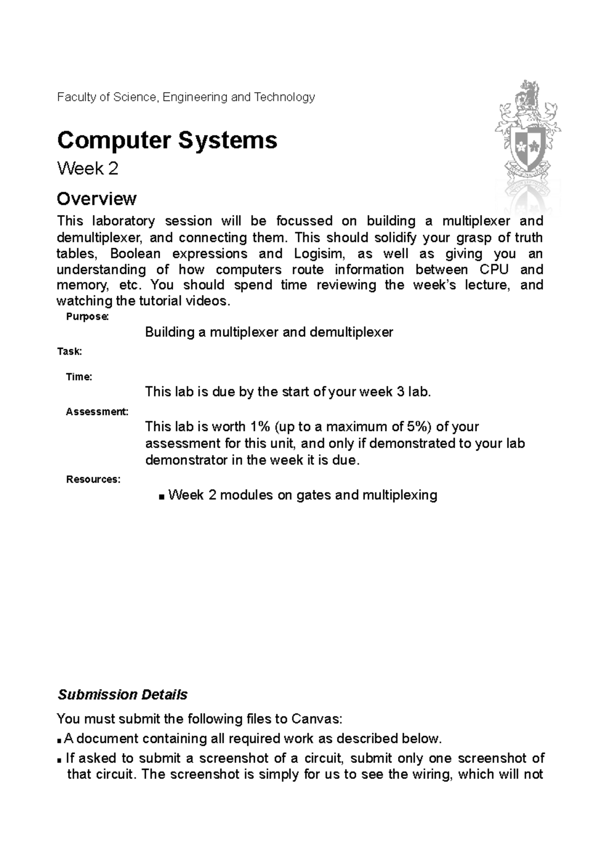 Computer Systems Week 2 Lab: Building Multiplexer & Demultiplexer - Studocu