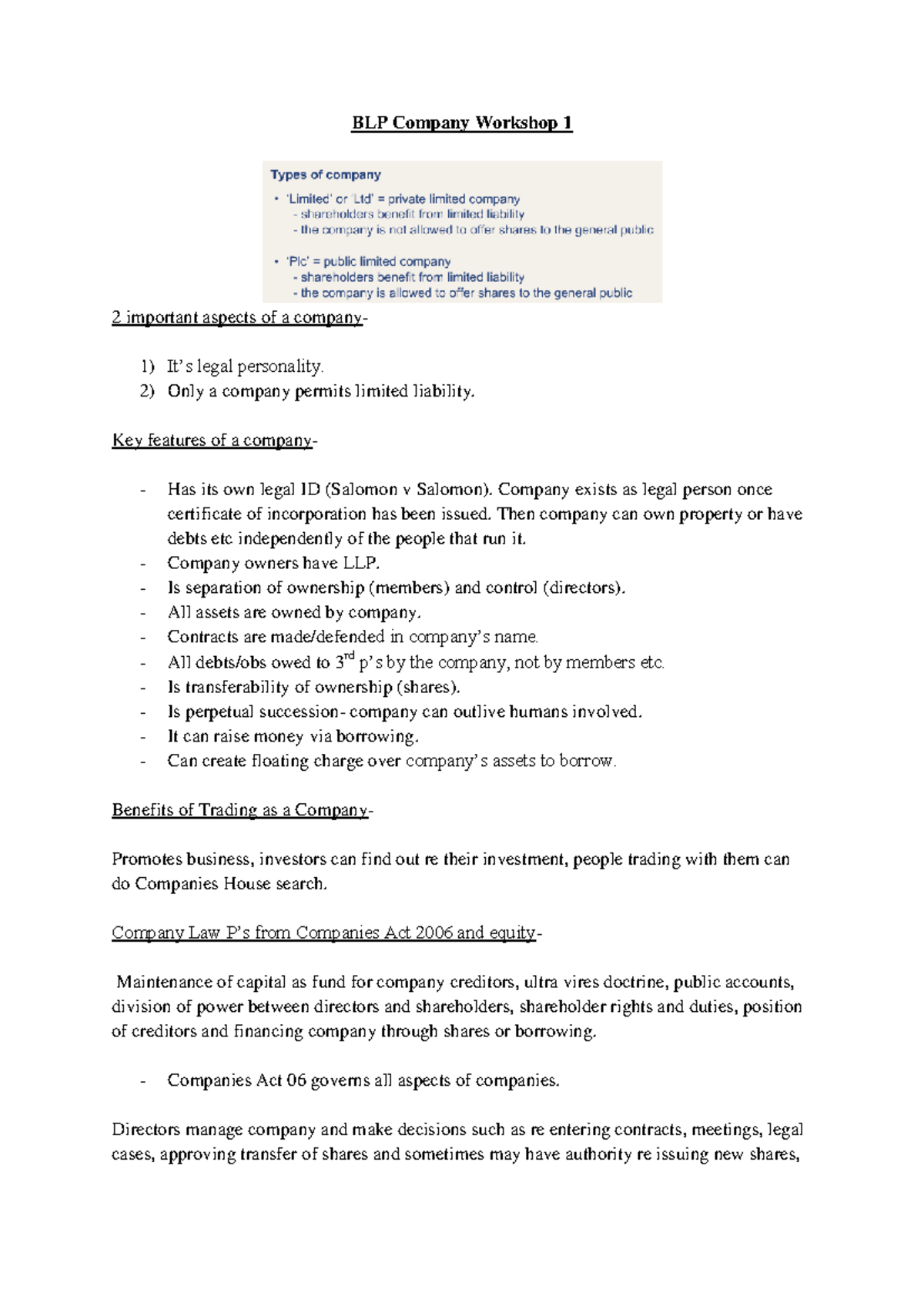BLP Company Workshop Notes: Key Aspects of Company Law and Structure ...