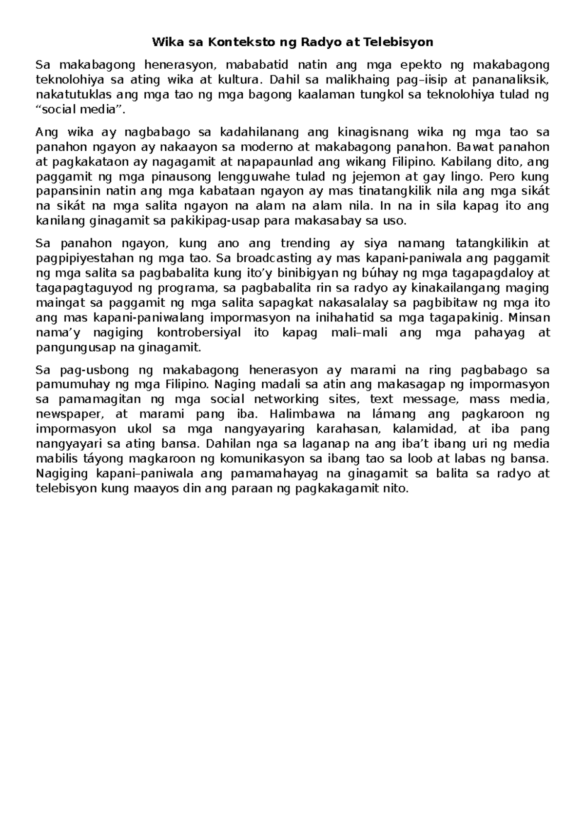Wika sa Konteksto ng Radyo at Telebisyon - Dahil sa malikhaing pag ...