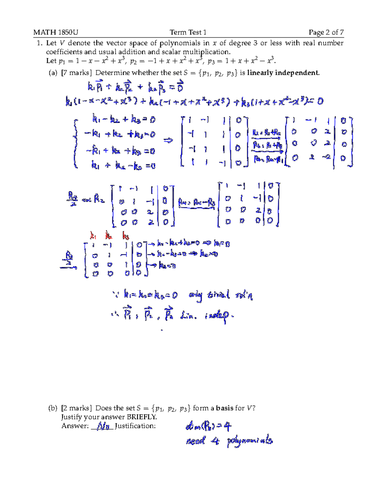 MATH 1850U Term Test 1: Vector Space of Polynomials Analysis - Studocu