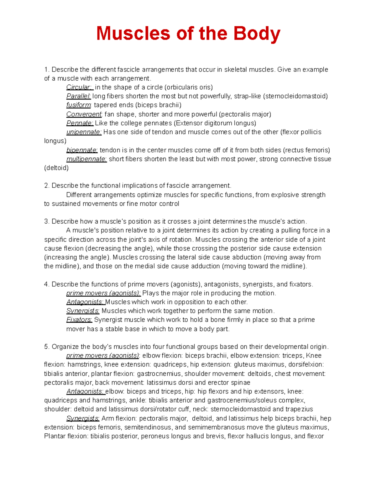 Muscle Anatomy Study Guide for ANAT 101: Fascicle Arrangements ...