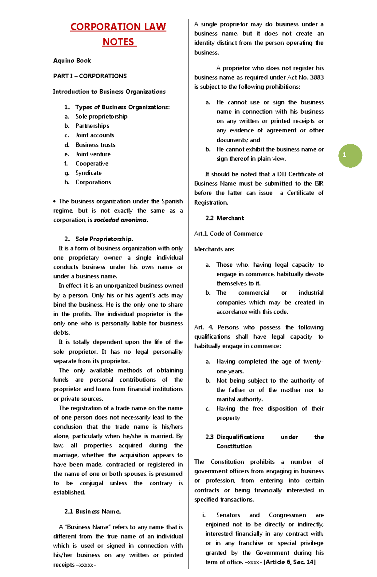 Corporation Law Notes: Understanding Business Organizations and ...
