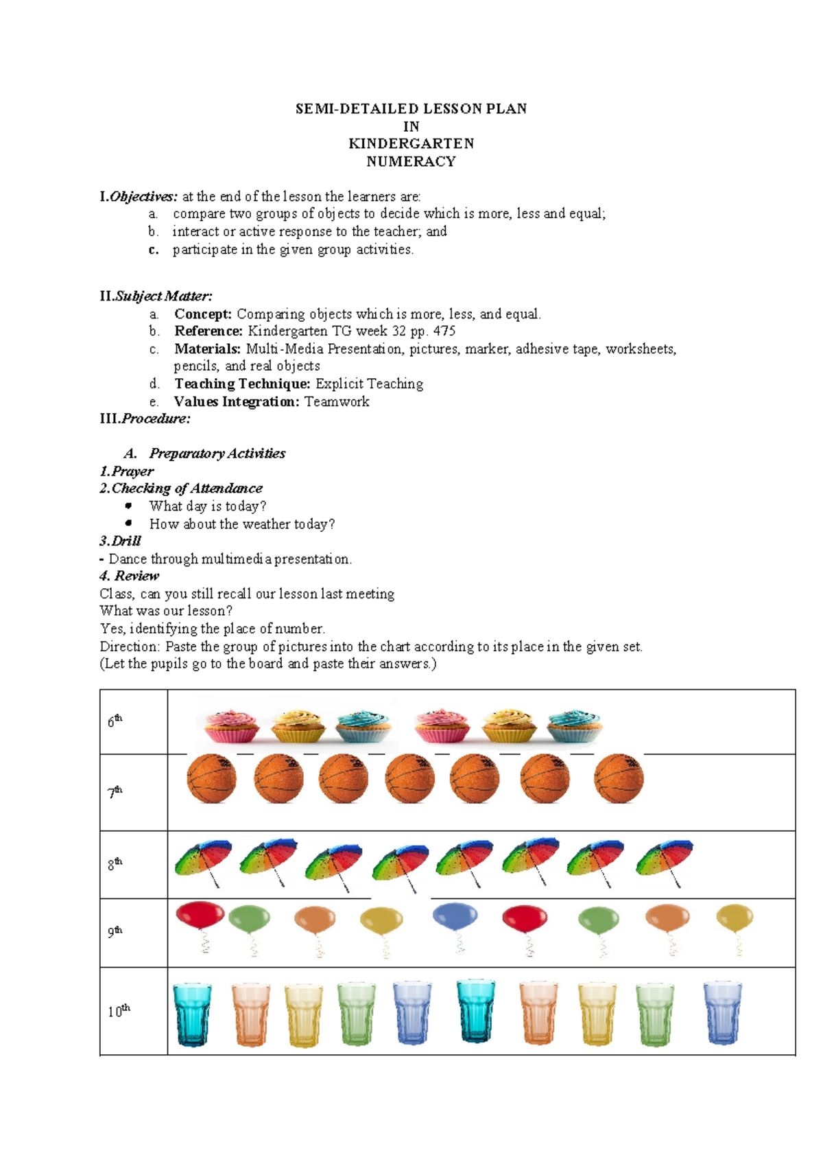 Kindergarten Numeracy Lesson Plan: Understanding More, Less, and Equal ...