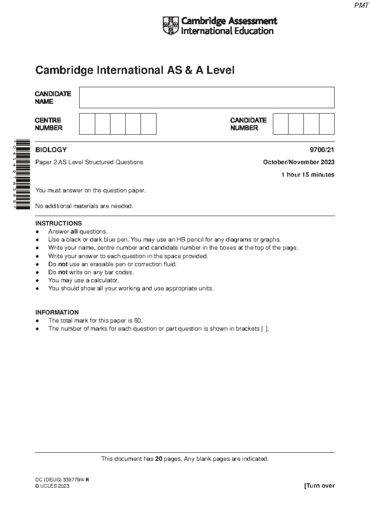 Cambridge International AS A Level 0419/76 BIOLOGY Paper 2 Structured ...