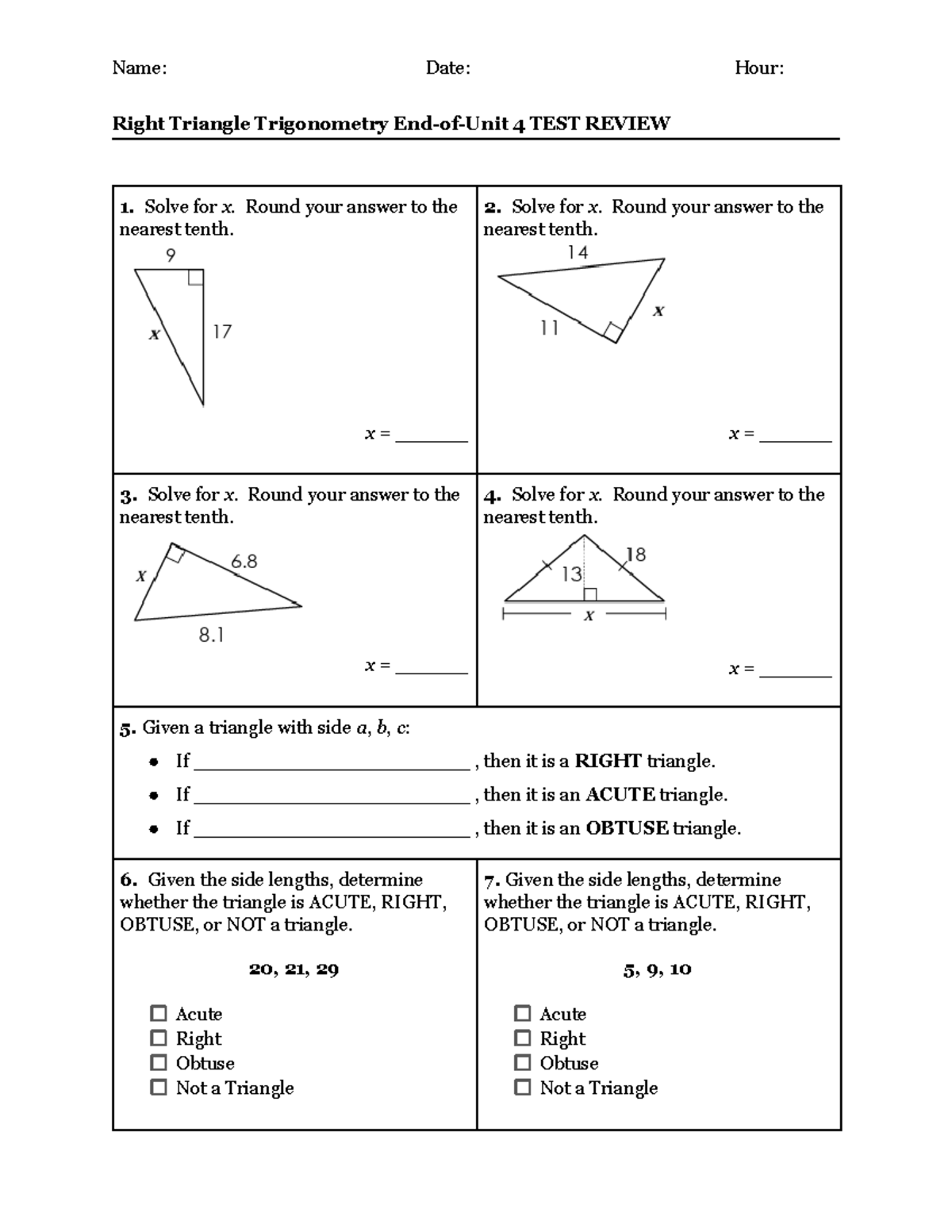 Unit 4 Review - Honors Geometry: Triangle Trigonometry Test - Studocu