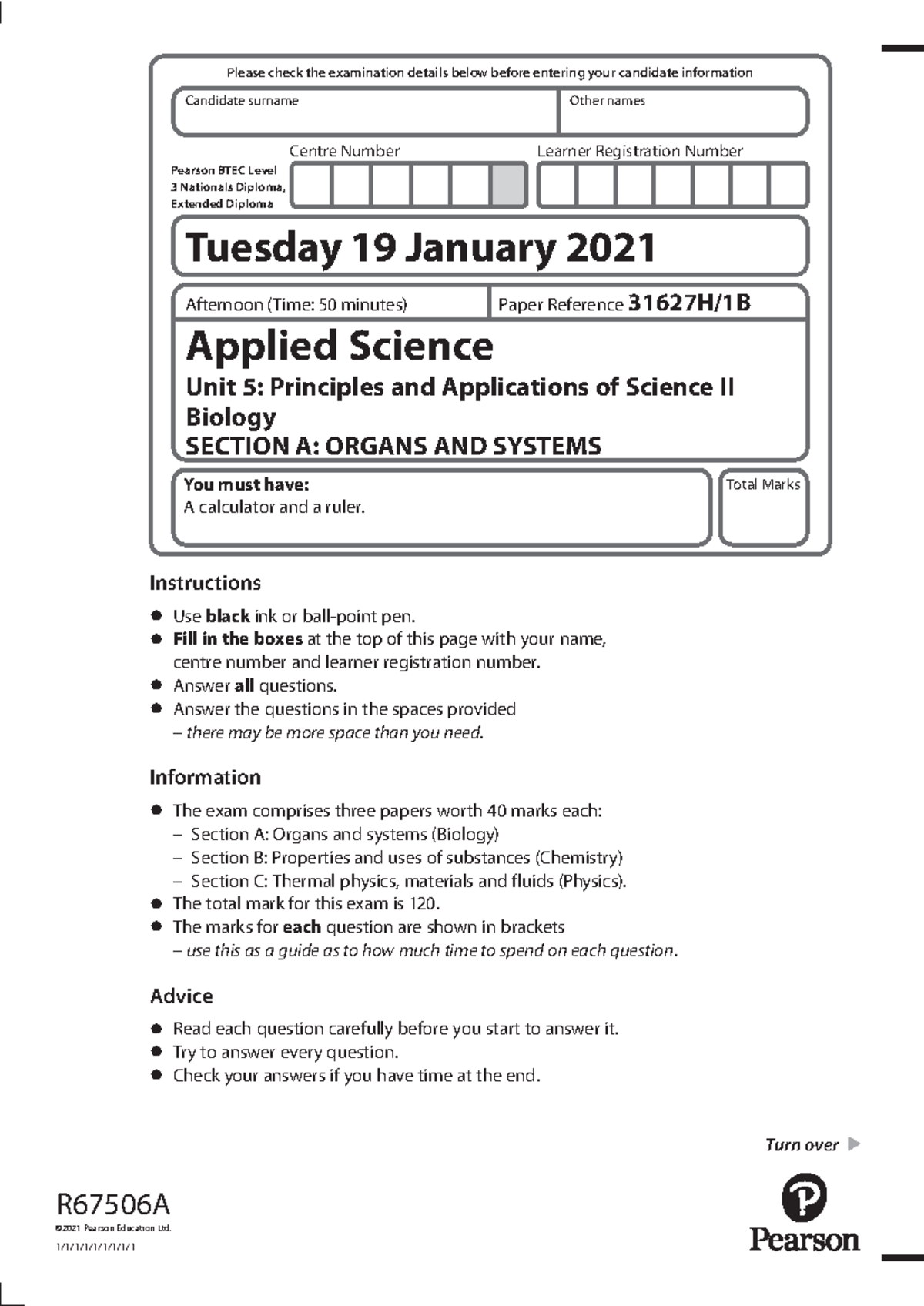 R67506A Biology Unit 5 Exam Paper 31627H/1B - January 2021 - Studocu