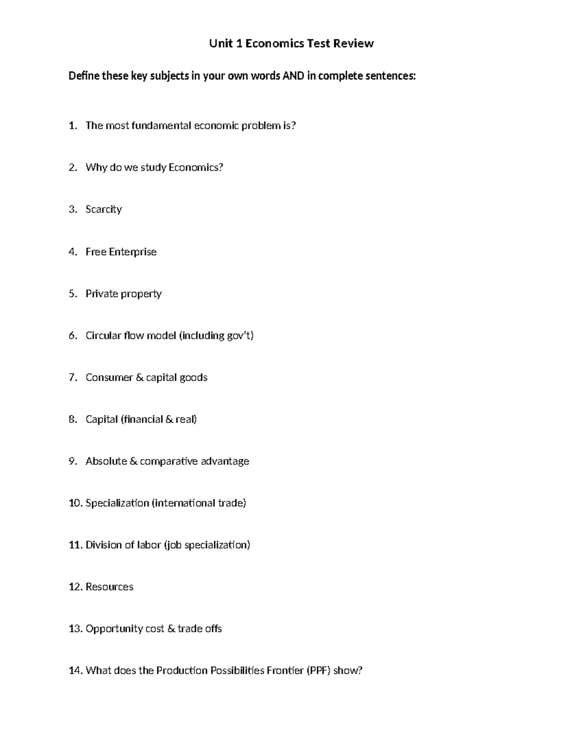 Econ 101 Unit 1 Test Review: Key Economic Concepts Explained - Studocu