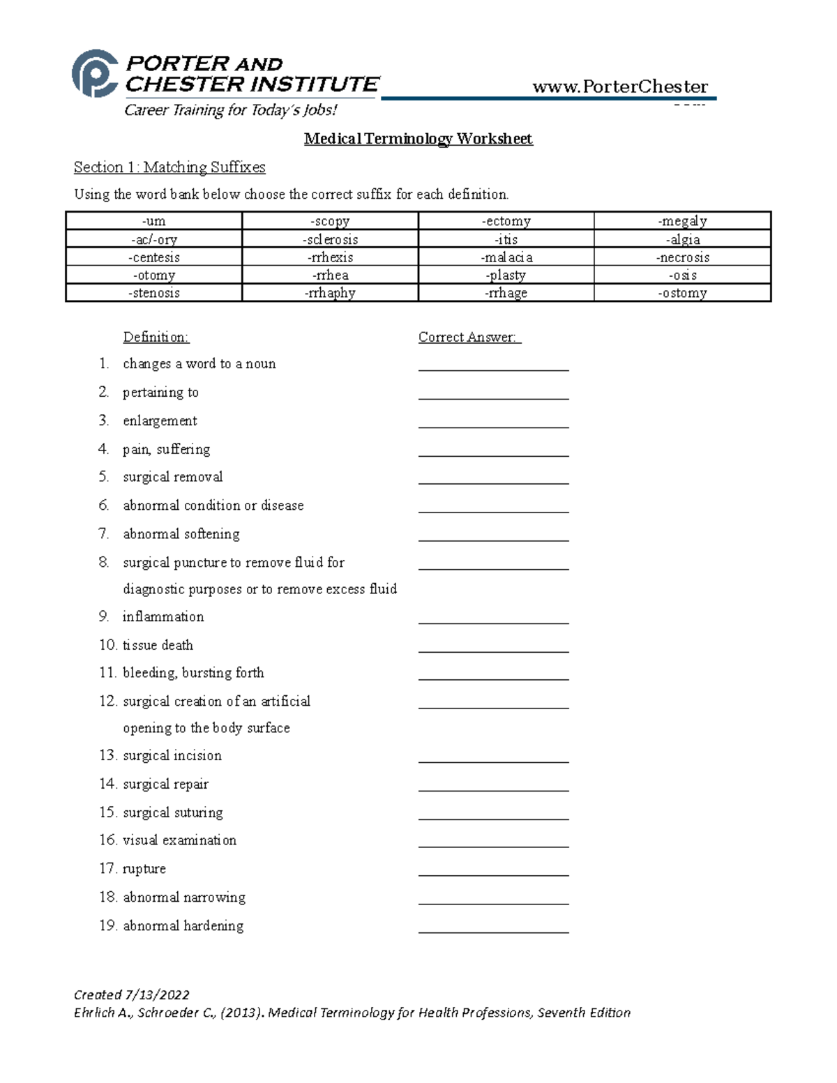 Medical Terminology Worksheet for Exam Preparation (MED 101) - Studocu