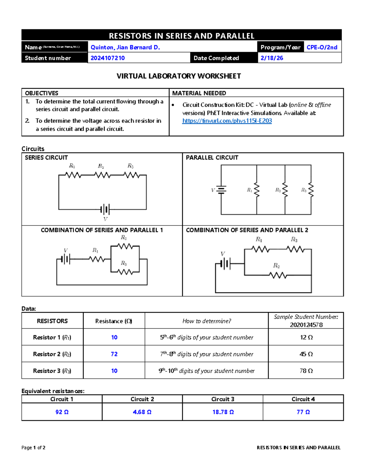 PHYS 101: Resistors in Series & Parallel - Virtual Lab Worksheet - Studocu