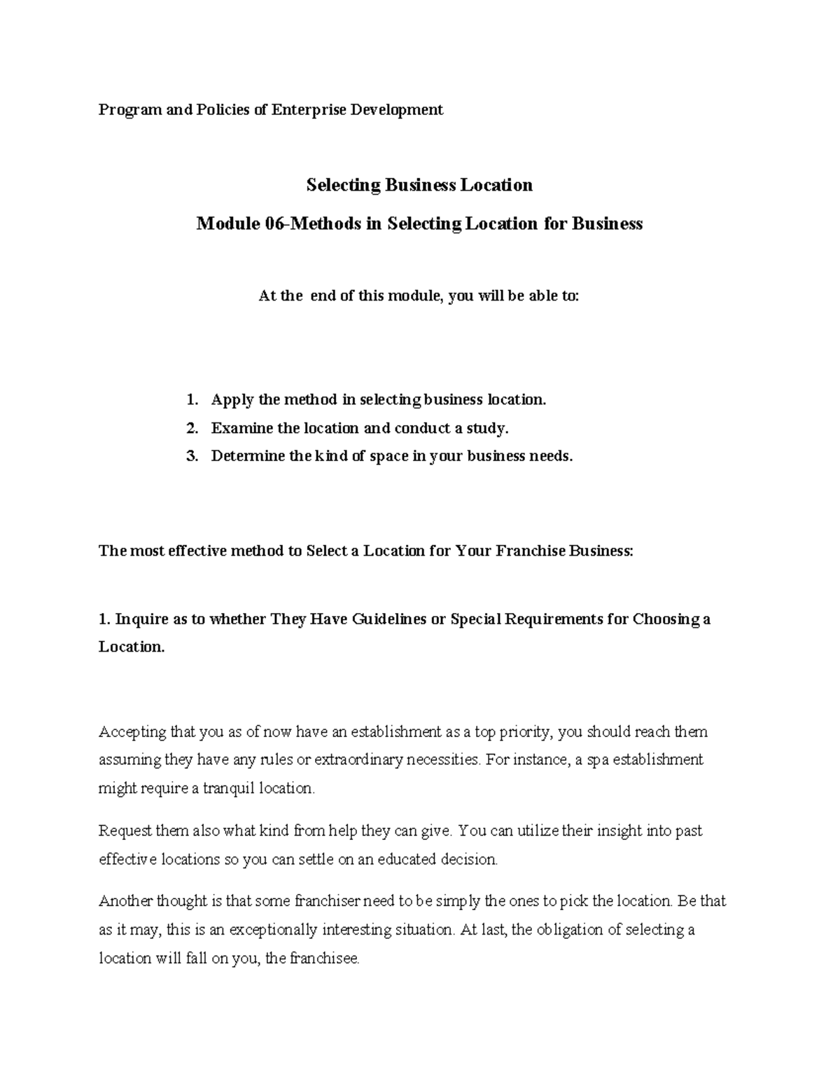 Week 6 Module-Methods in Selecting Business location - Program and ...