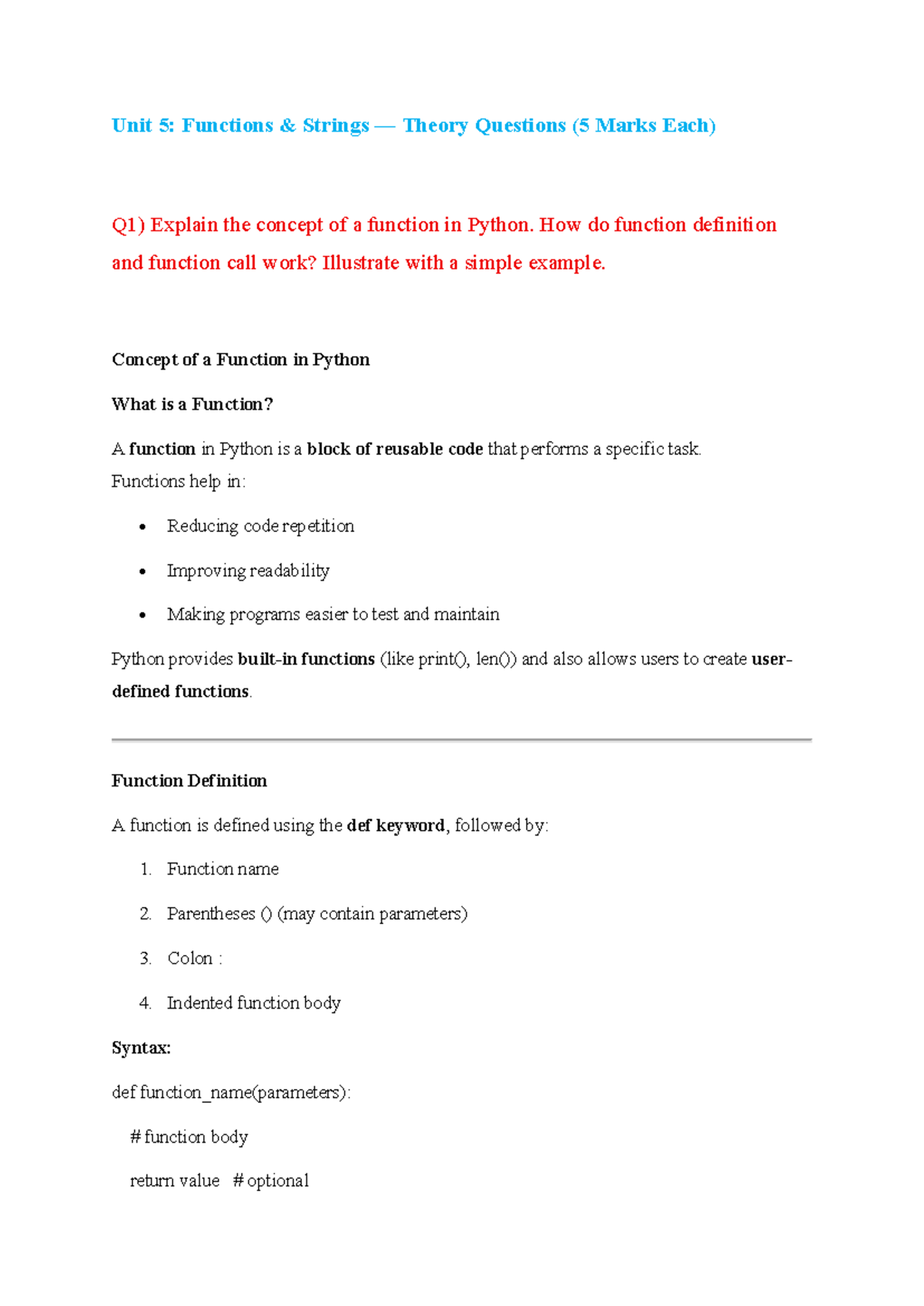 Unit 5: Python Functions & Strings Theory Questions (5 Marks Each ...