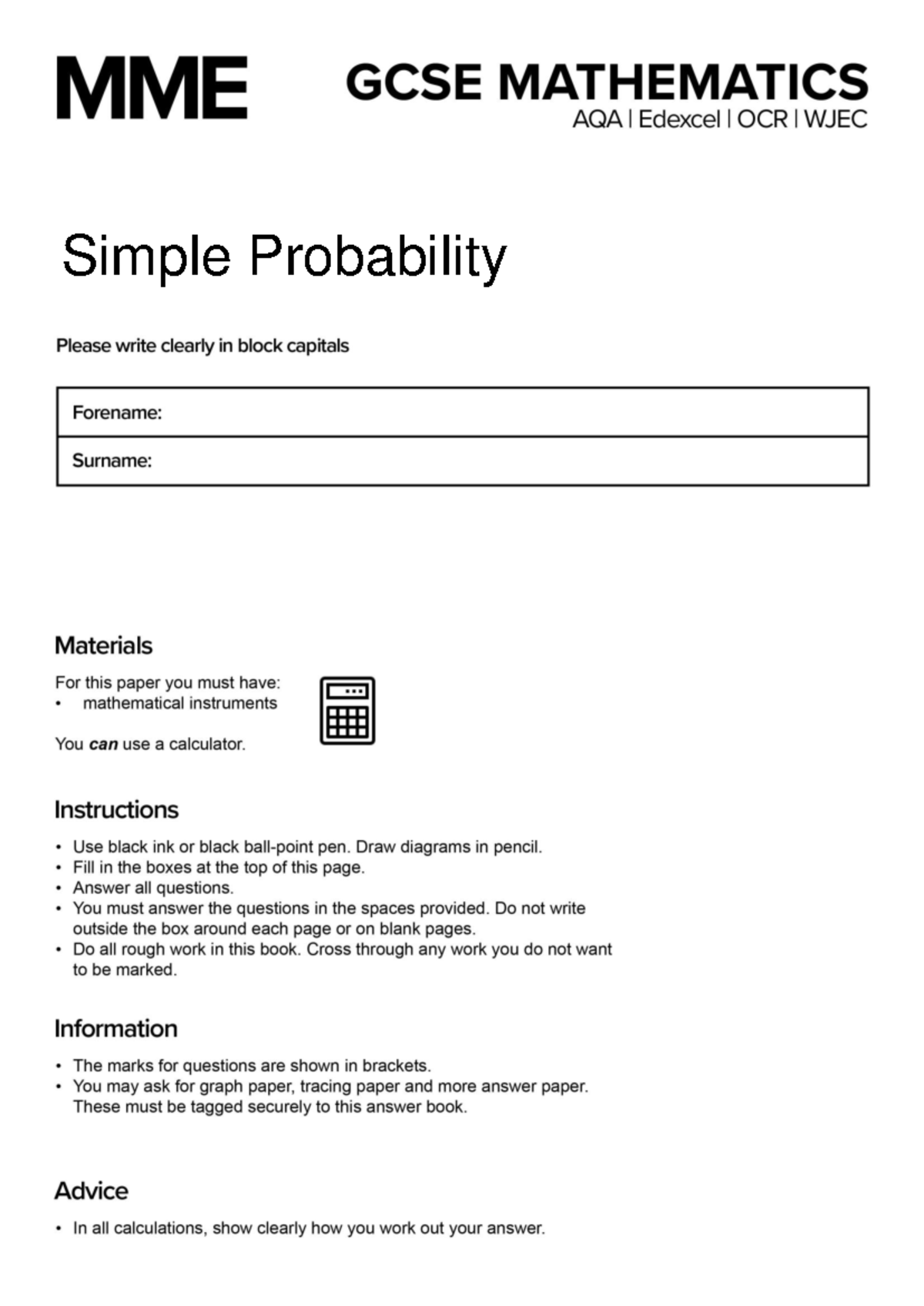 Simple Probability Questions MME 1: Event Likelihood Analysis - Studocu