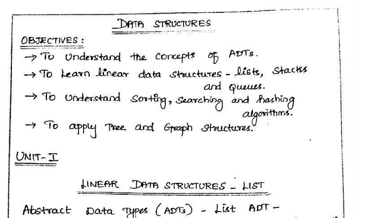 DATA STRUCTURES (CS101): Understanding ADTs, Linear & Non-Linear Structures - Studocu