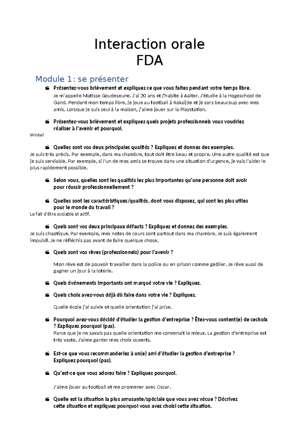 Vragendoc Interaction Orale mdl1 - Interaction orale FDA Module 1: se ...