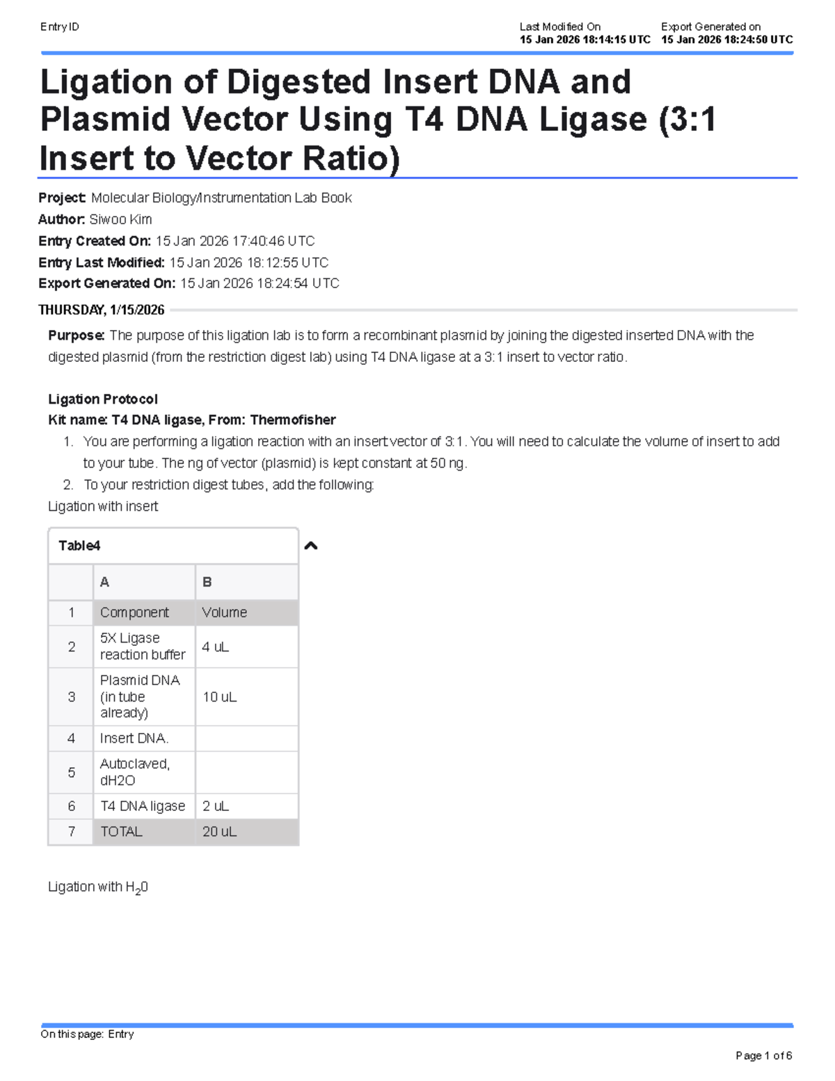 Ligation of Insert DNA and Plasmid Vector Using T4 DNA Ligase (MOL BIO ...