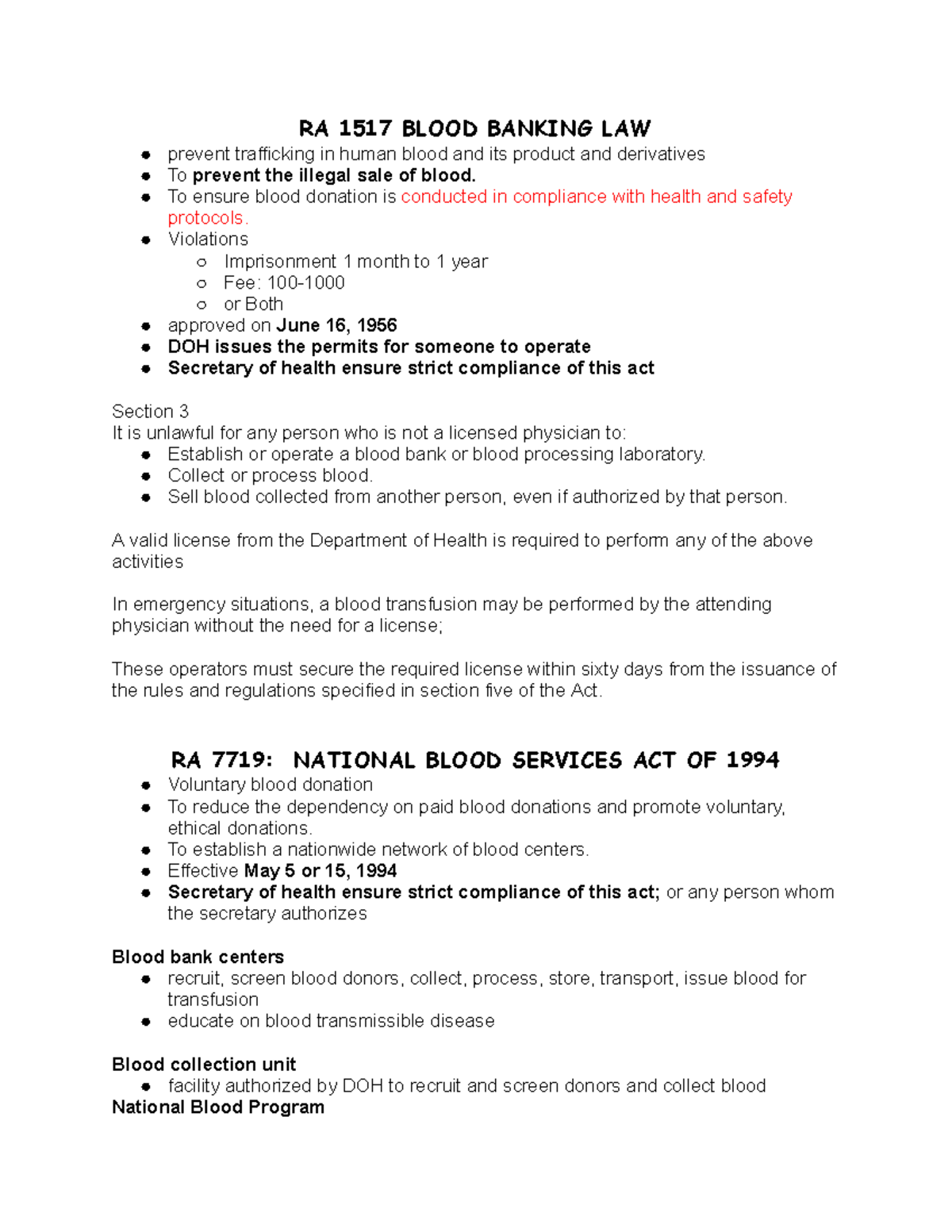 RA 1517 & RA 7719: Blood Banking Laws & Regulations Overview - Studocu
