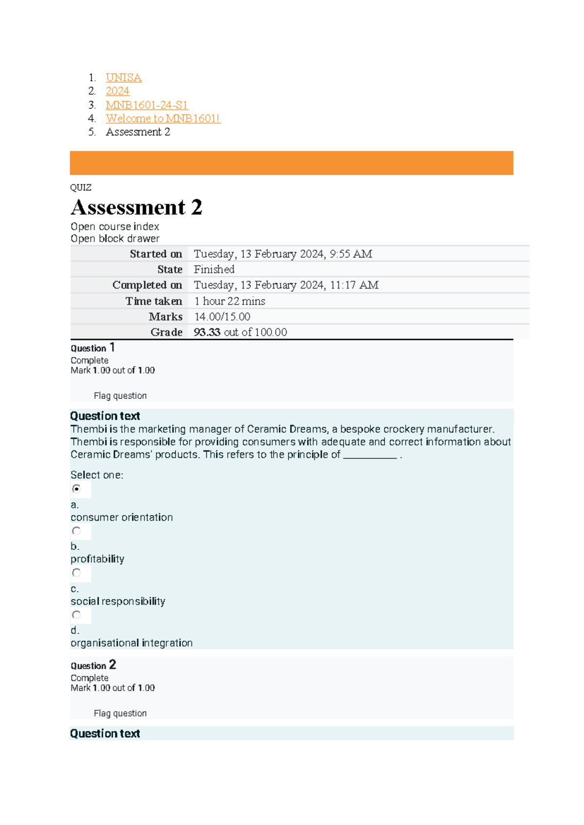 MNB1601-Assignment 2: Quiz Overview and Responses - Studocu