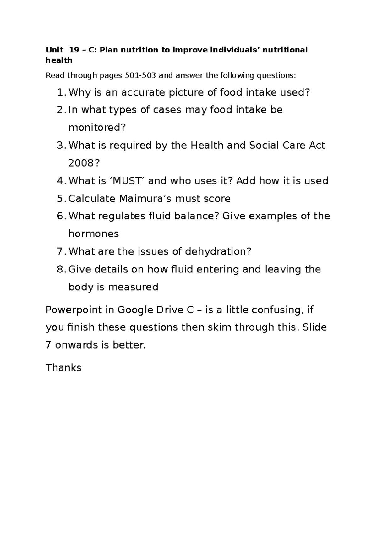 Unit 19 C: Nutrition Plan Questions for Health Improvement - Studocu