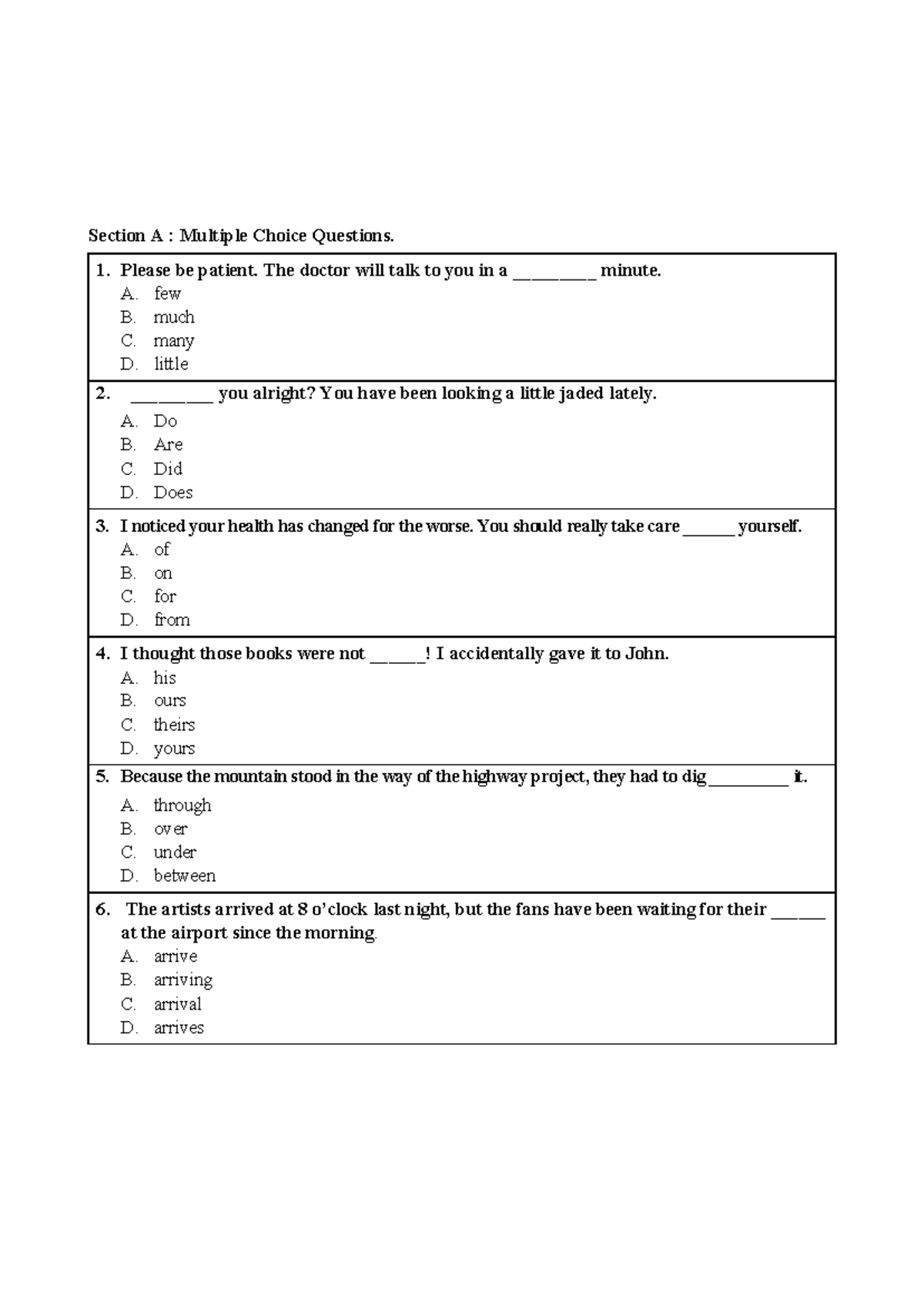 English 7-8: Section A - Multiple Choice Questions & Answers - Studocu
