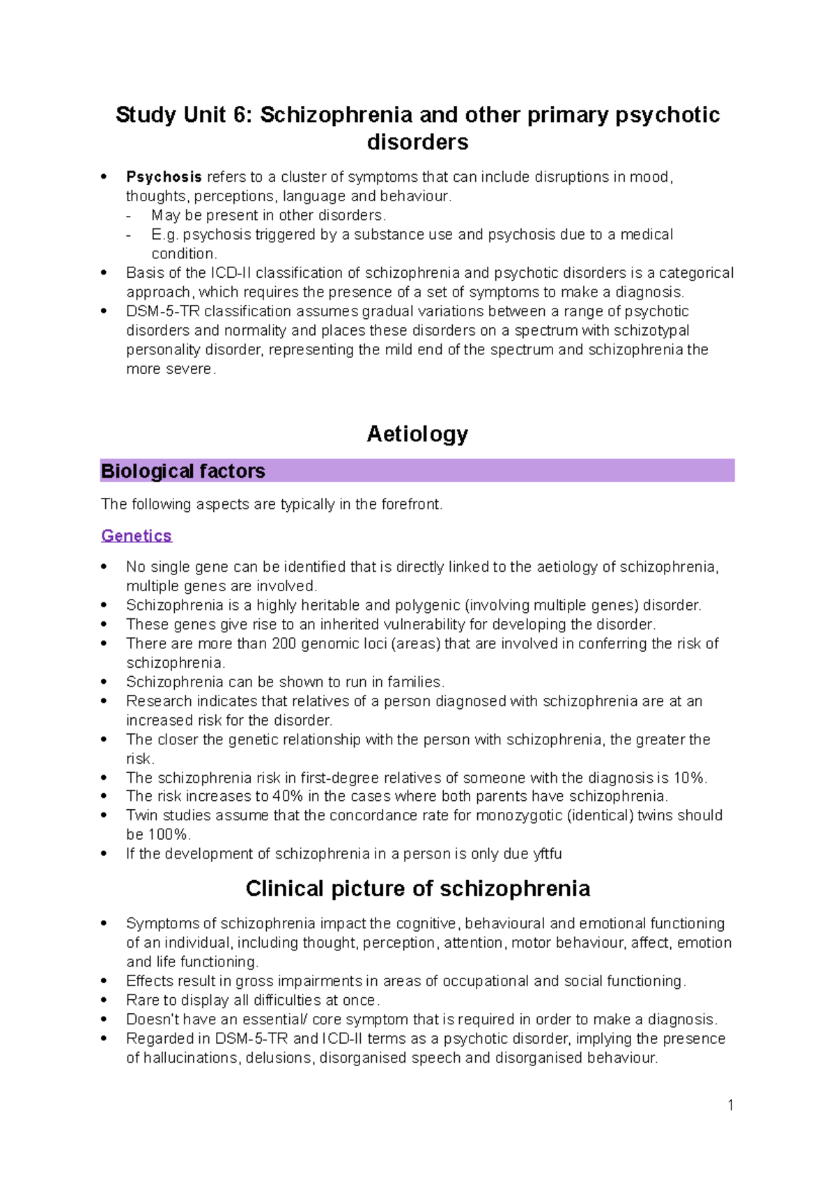 Study Unit 6: Schizophrenia & Primary Psychotic Disorders Summary - Studocu