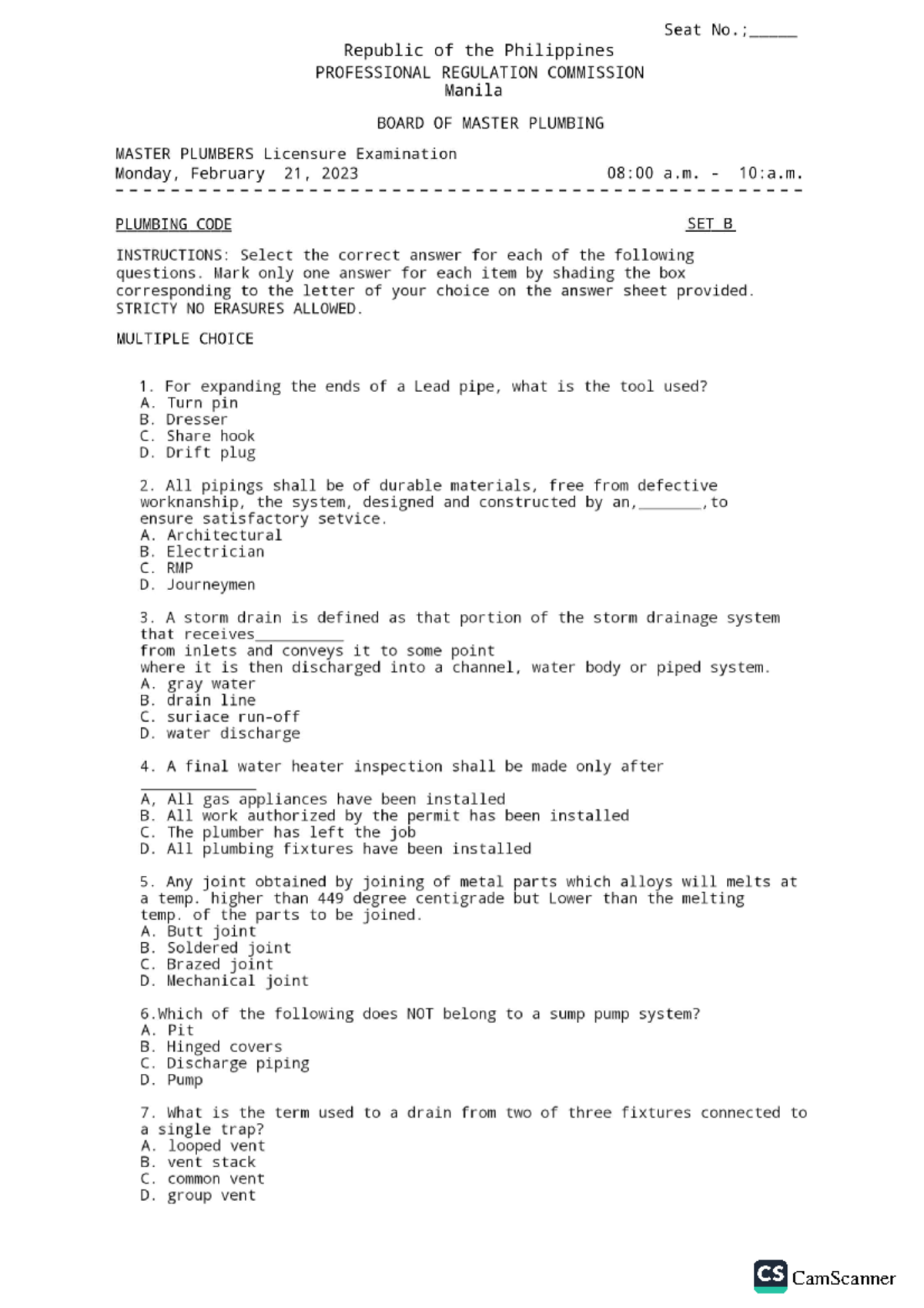 RMP 2023 Master Plumbers Licensure Exam - Plumbing Code Set B - Studocu