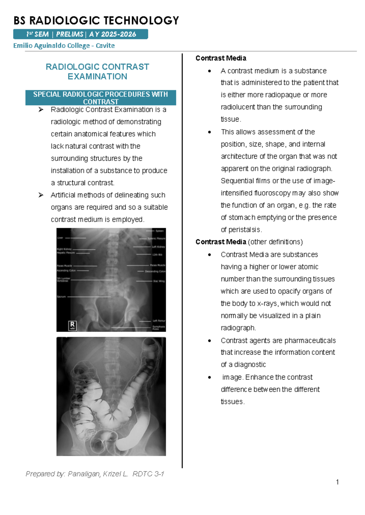 Radiologic Contrast Examination Techniques - BS RT 1st SEM AY Emilio ...