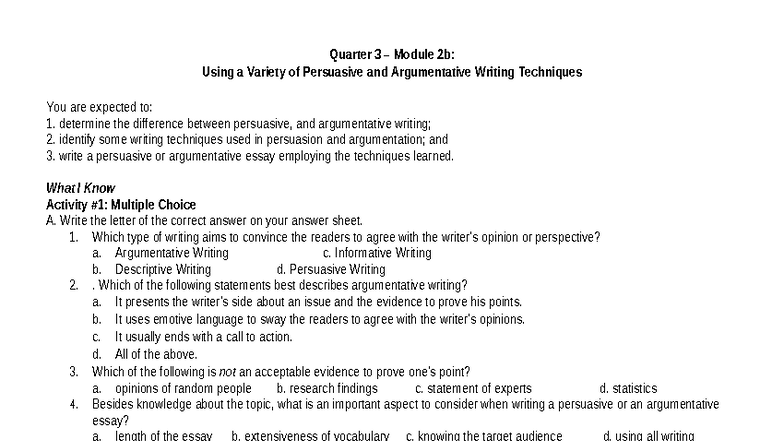 Q3M2: Persuasive & Argumentative Writing Techniques Overview - Studocu