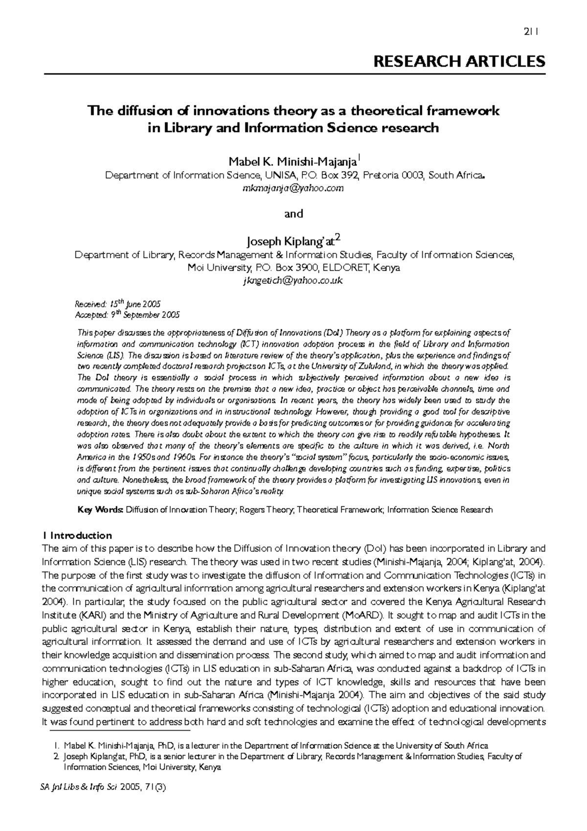 211 RESEARCH ARTICLES: DoI Theory in Library & Information Science ...