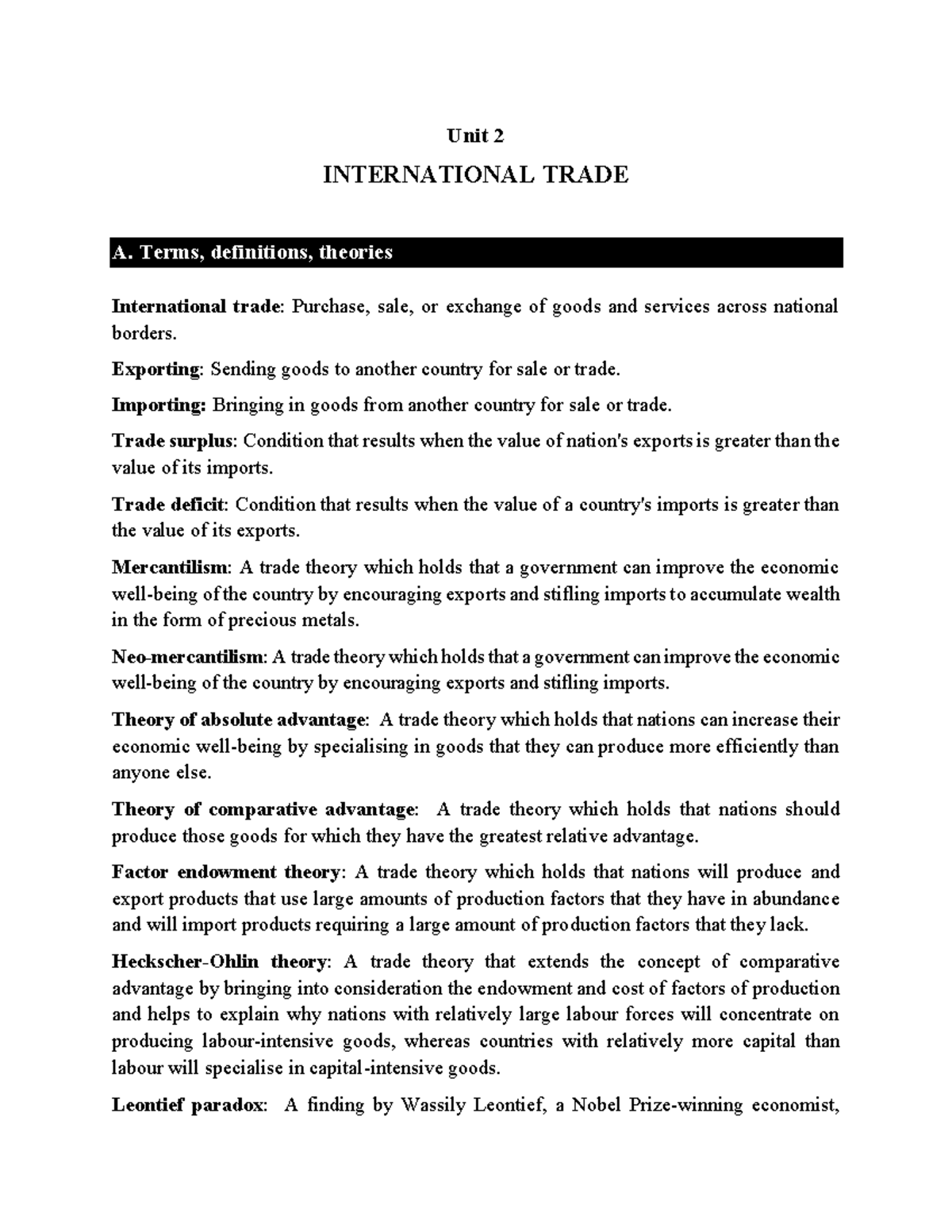 Unit 2: International Trade Concepts and Theories Overview - Studocu