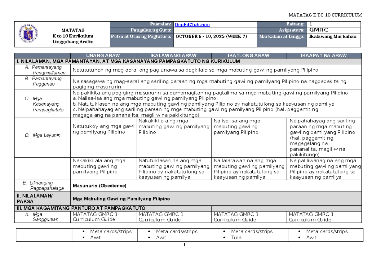 DLL Matatag GMRC 1 Q2 W7 - Lesson Plan on Good Family Practices - Studocu