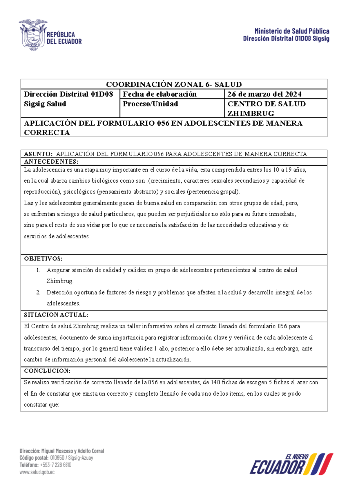 Aplicación del Formulario 056 en Adolescentes - Zhimbrug 2024 - Studocu