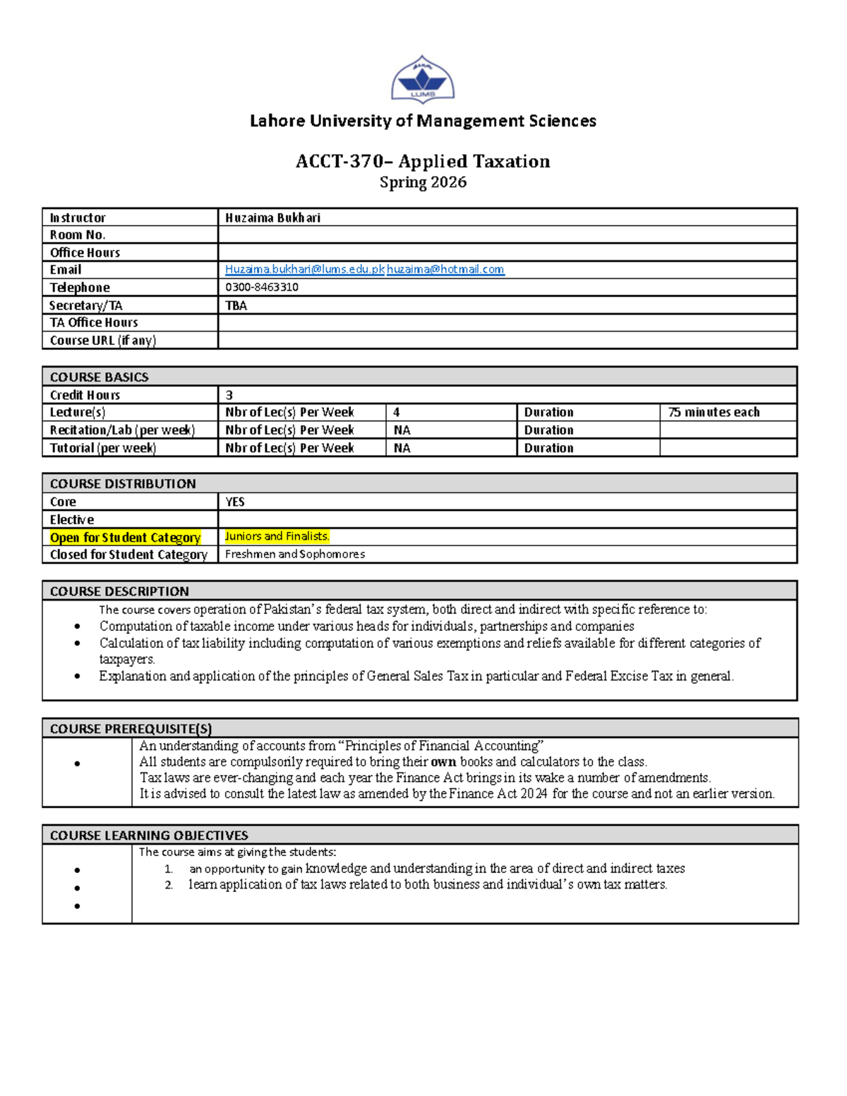 ACCT-370 Applied Taxation Course Overview - Spring 2026 - Studocu
