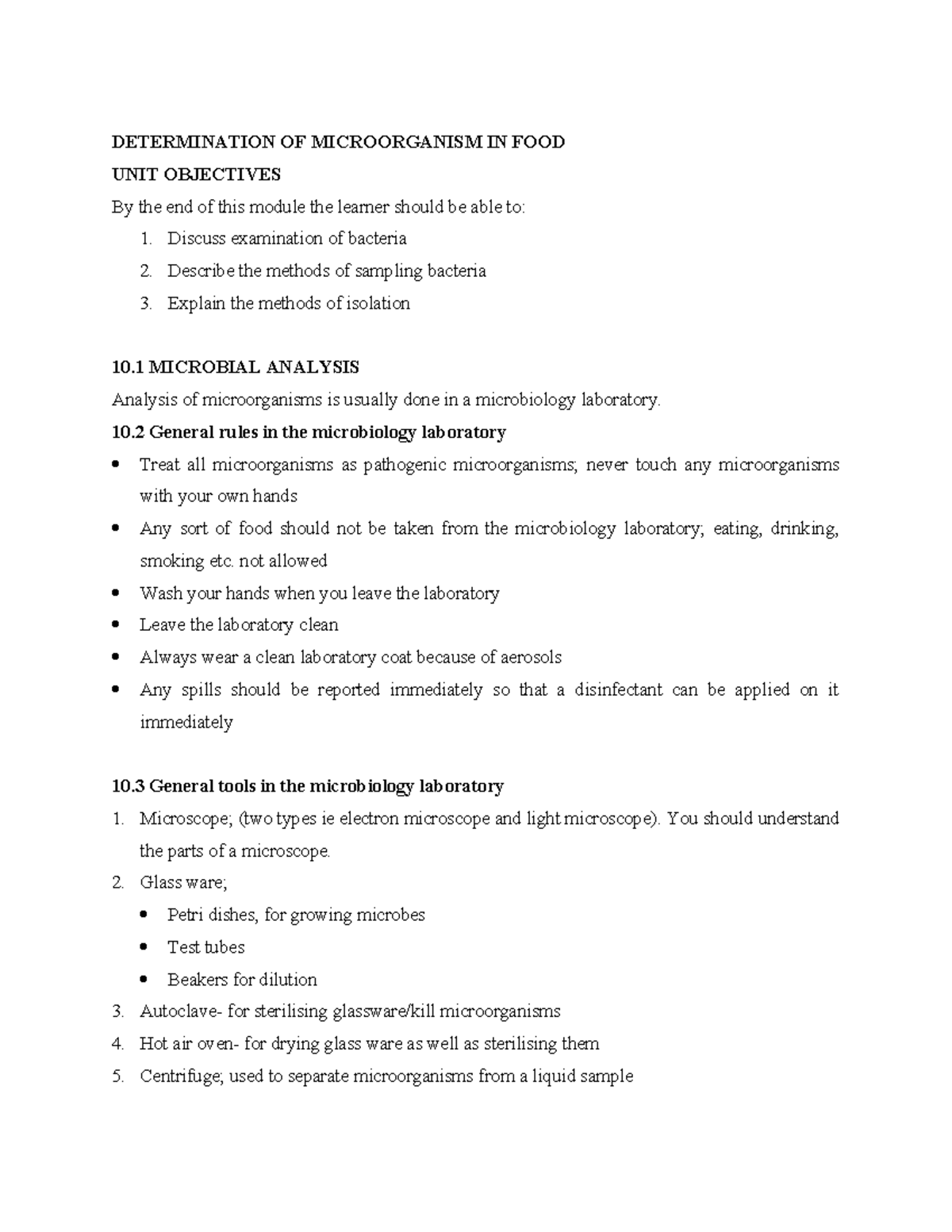 Determination of Microorganisms in Food: Unit Objectives and Methods ...