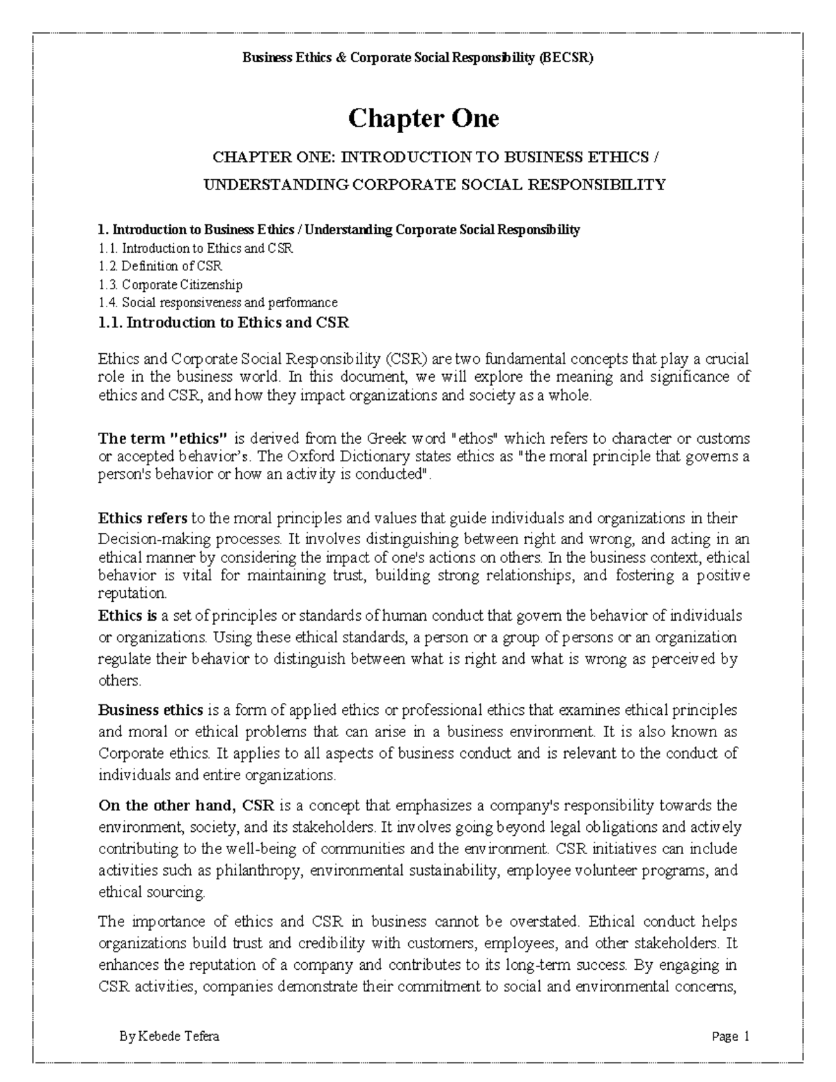 Chapter 1: Business Ethics and Corporate Social Responsibility - Studocu