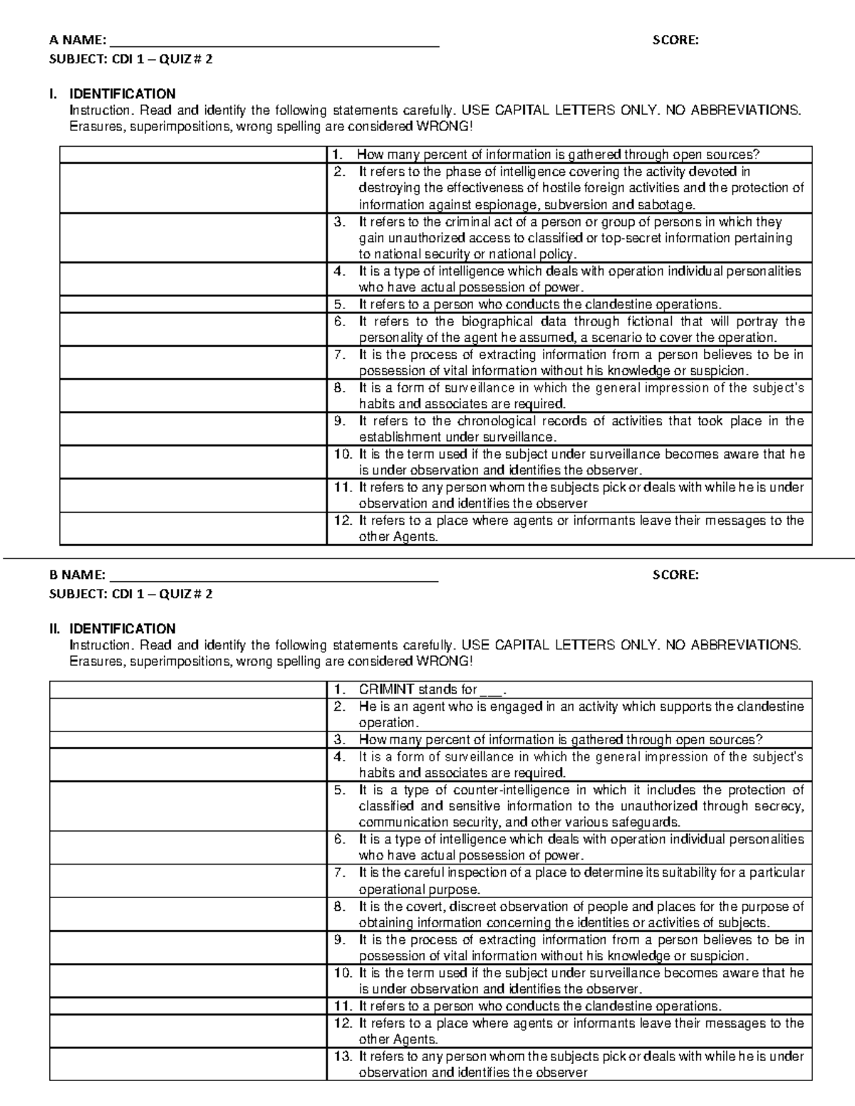 Cdi 1- quiz # 2 - Quiz - A NAME ...