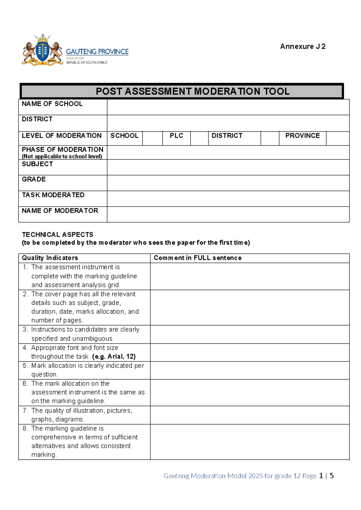 Gauteng Moderation Model 2025: Post-Assessment Tool for Grade 12 - Studocu