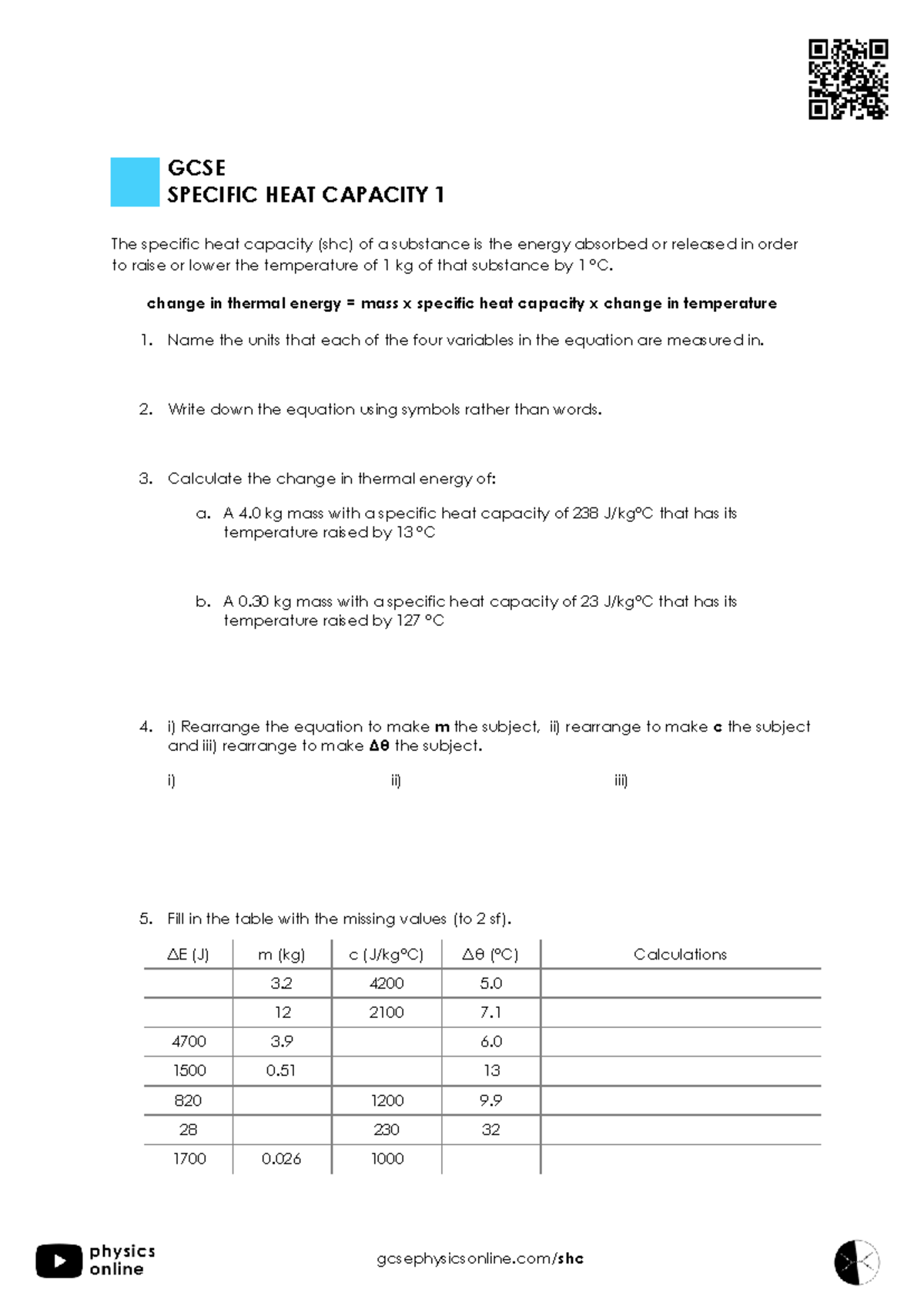 GCSE Specific Heat Capacity Calculations and Concepts - Studocu