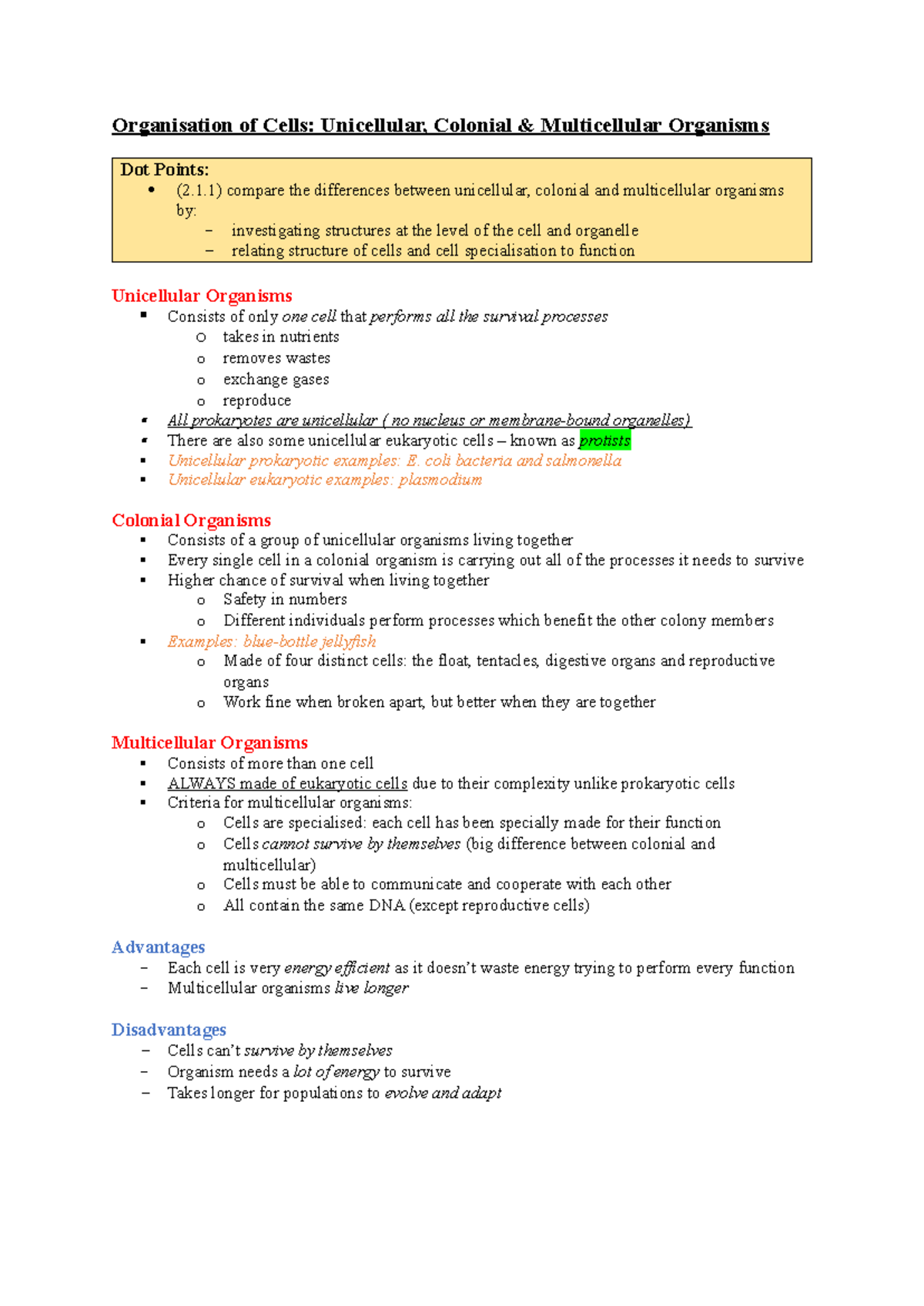 Year 11 Biology Module 2: Cellular Organization and Function Notes ...