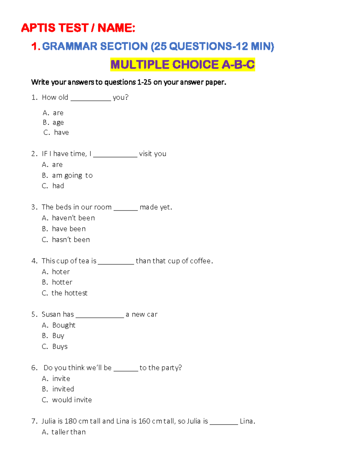 APTIS TEST: Grammar, Vocabulary, Writing & Listening Sections - Studocu
