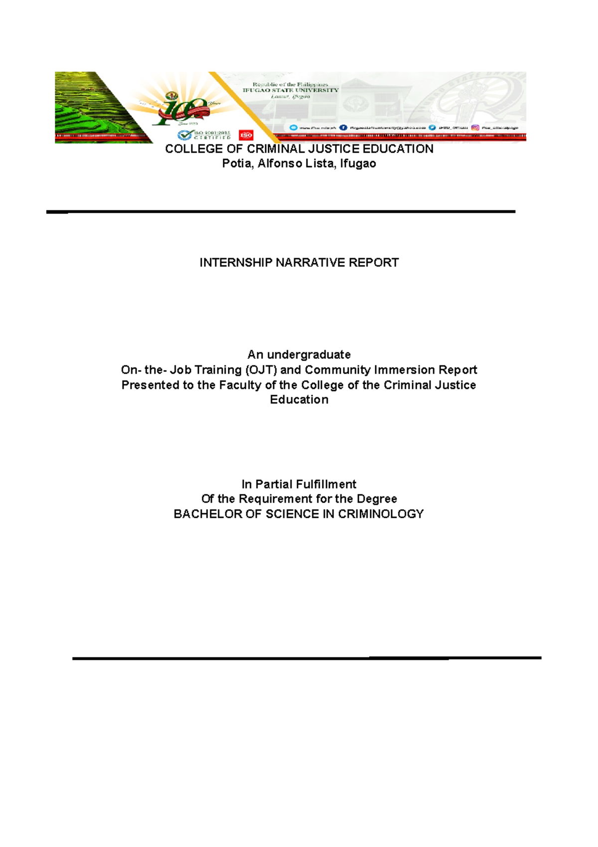 Internship Narrative Report for Criminology OJT - BS Criminology - Studocu