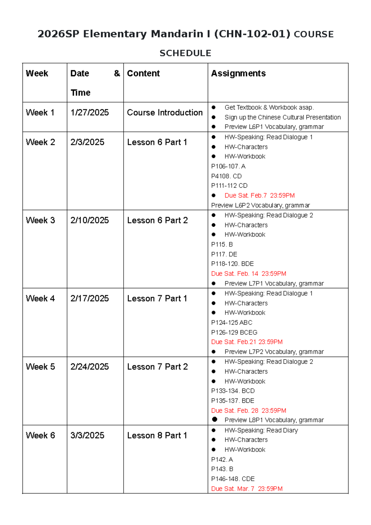 2026SP Elementary Mandarin I Course Schedule & Assignments - Studocu
