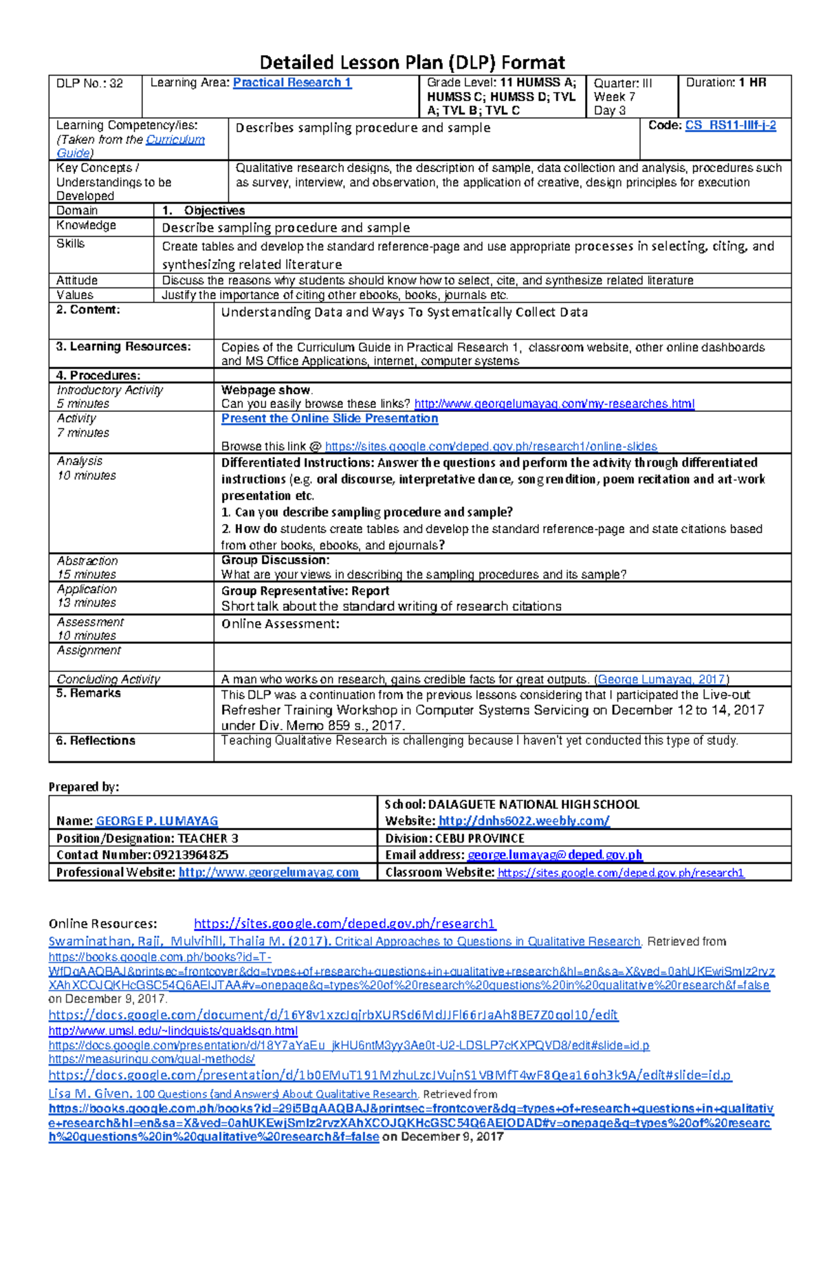 DLP No. 32: Lesson Plan on Sampling Procedures in PR1 (Grade 11) - Studocu