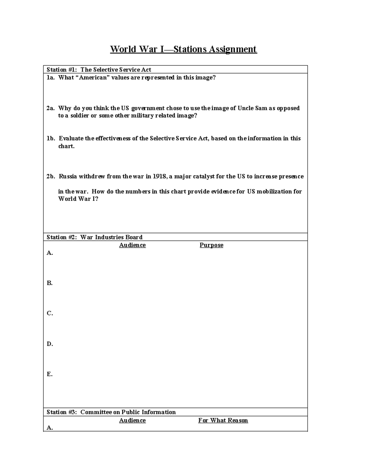 World War I Stations Assignment Analysis and Discussion Guide - Studocu