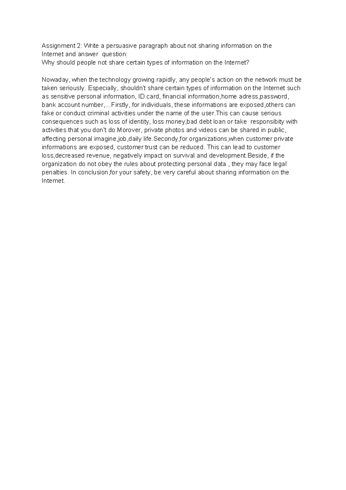Assignment 2: Persuasive Paragraph on Internet Privacy Risks - Studocu