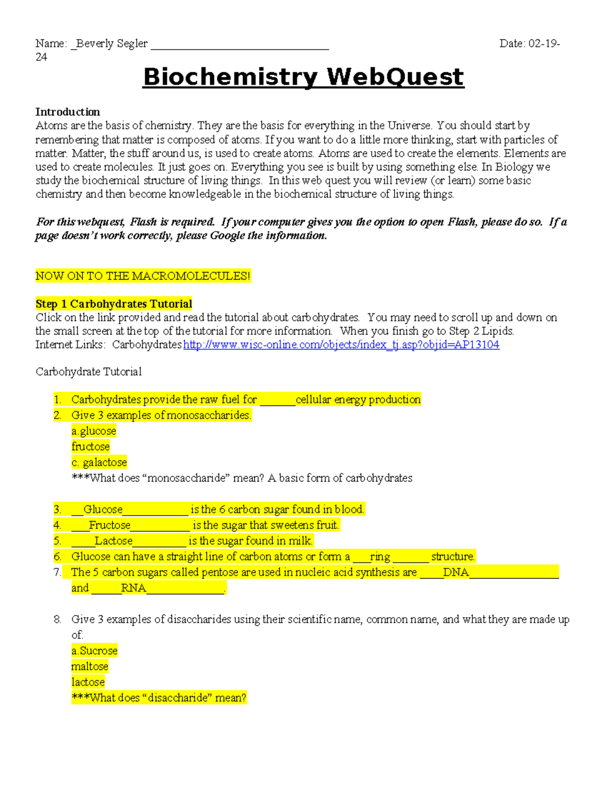 Biochemistry WebQuest Notes for Course BCHM101: Understanding ...